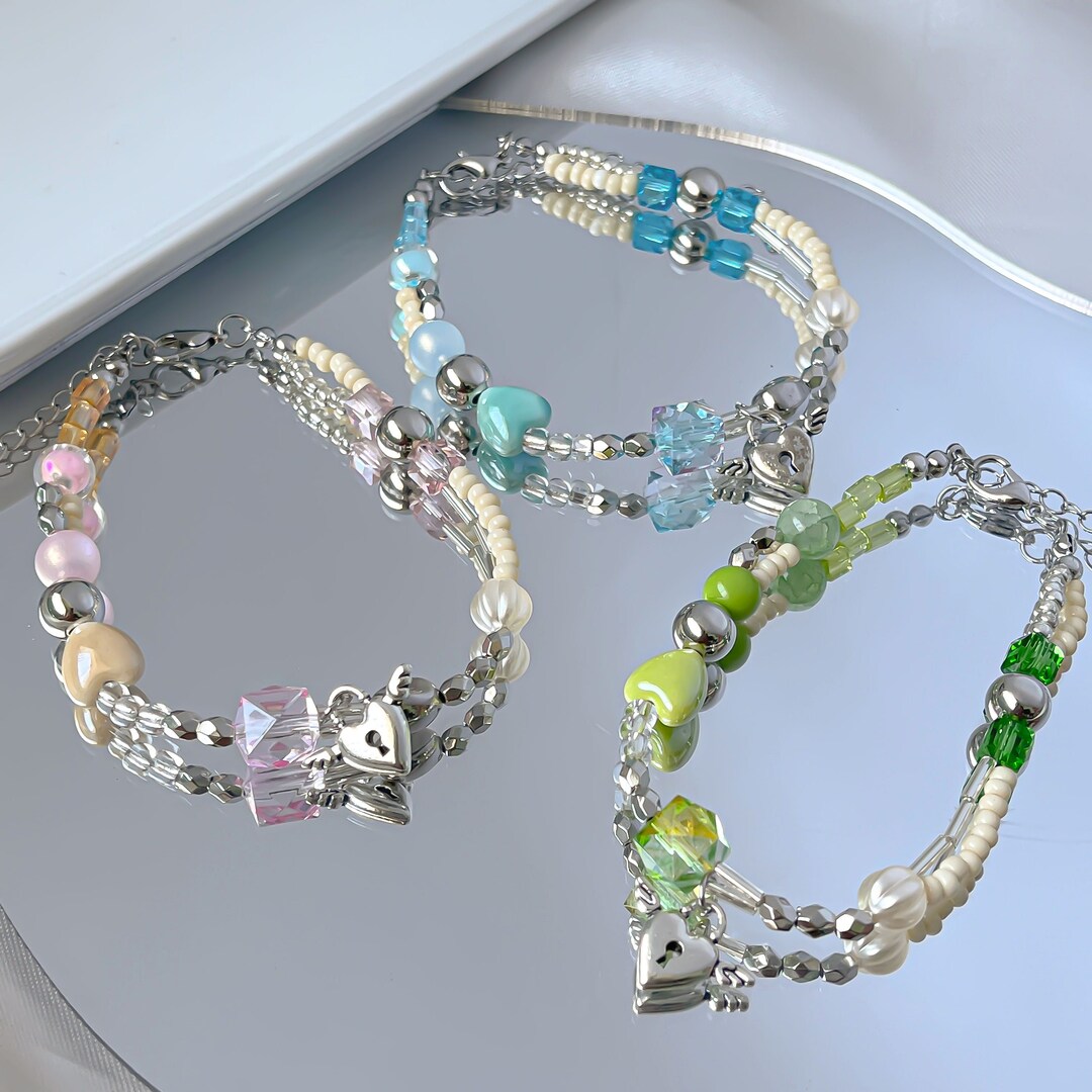 Y2K Fashion Bracelets With Ceramic Heart Beads, Handmade Bead Bracelet ...