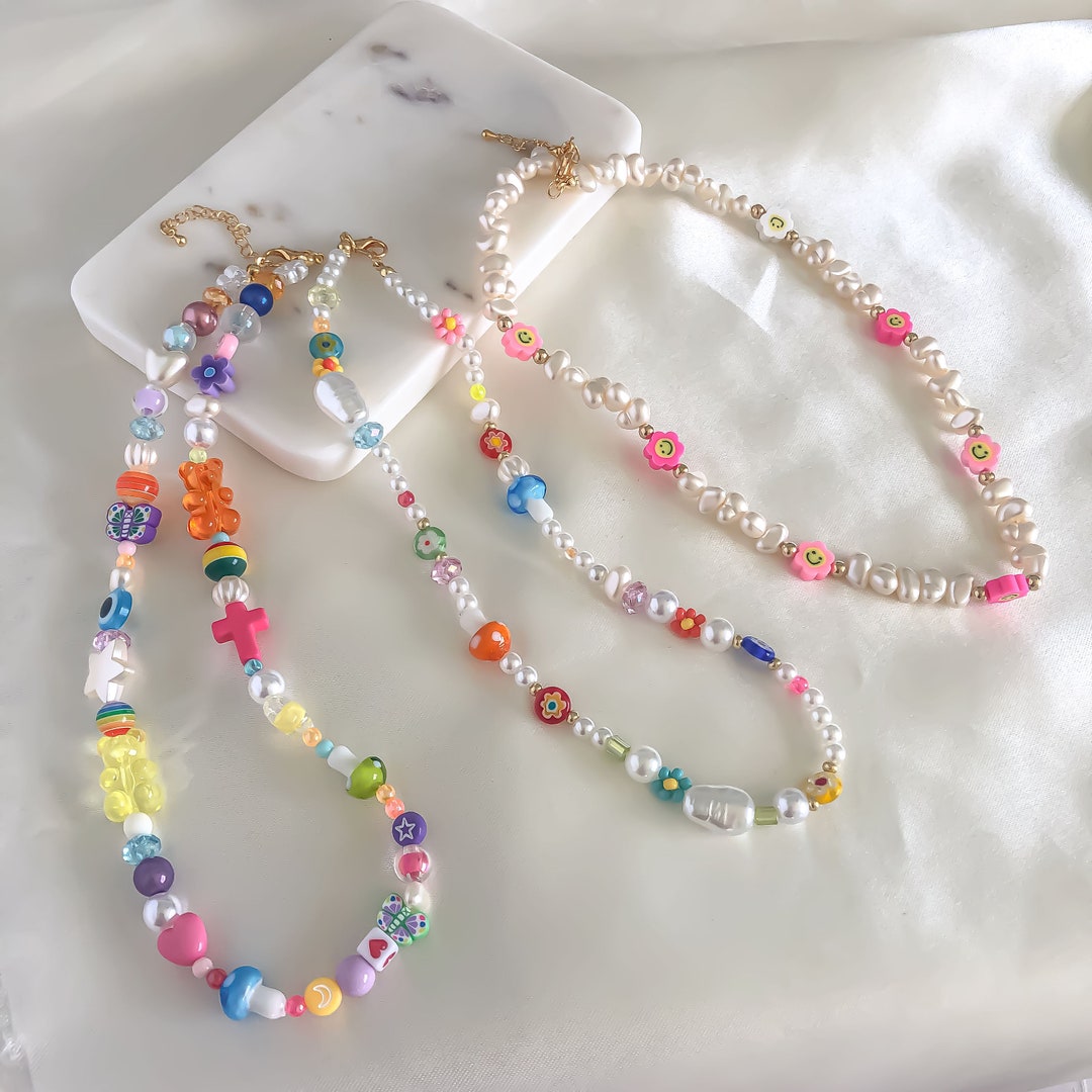 Cute Pearl Necklace Set With Gummy Bear, Smiley Face, Handmade ...