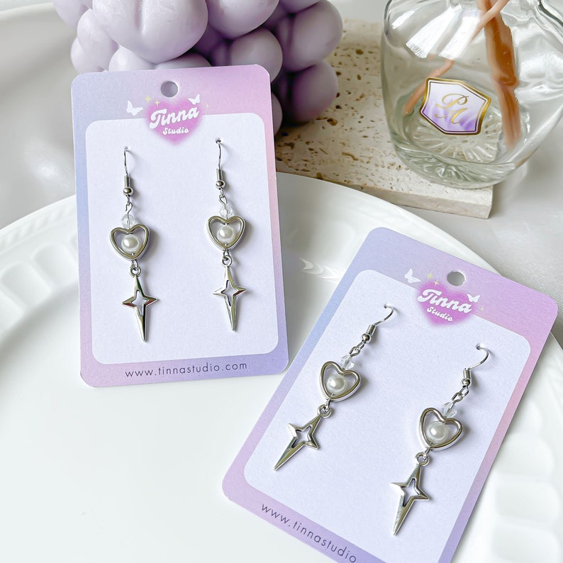 Y2K Silver Drop Earrings: Heart, Star & Pearl Dangle - Etsy