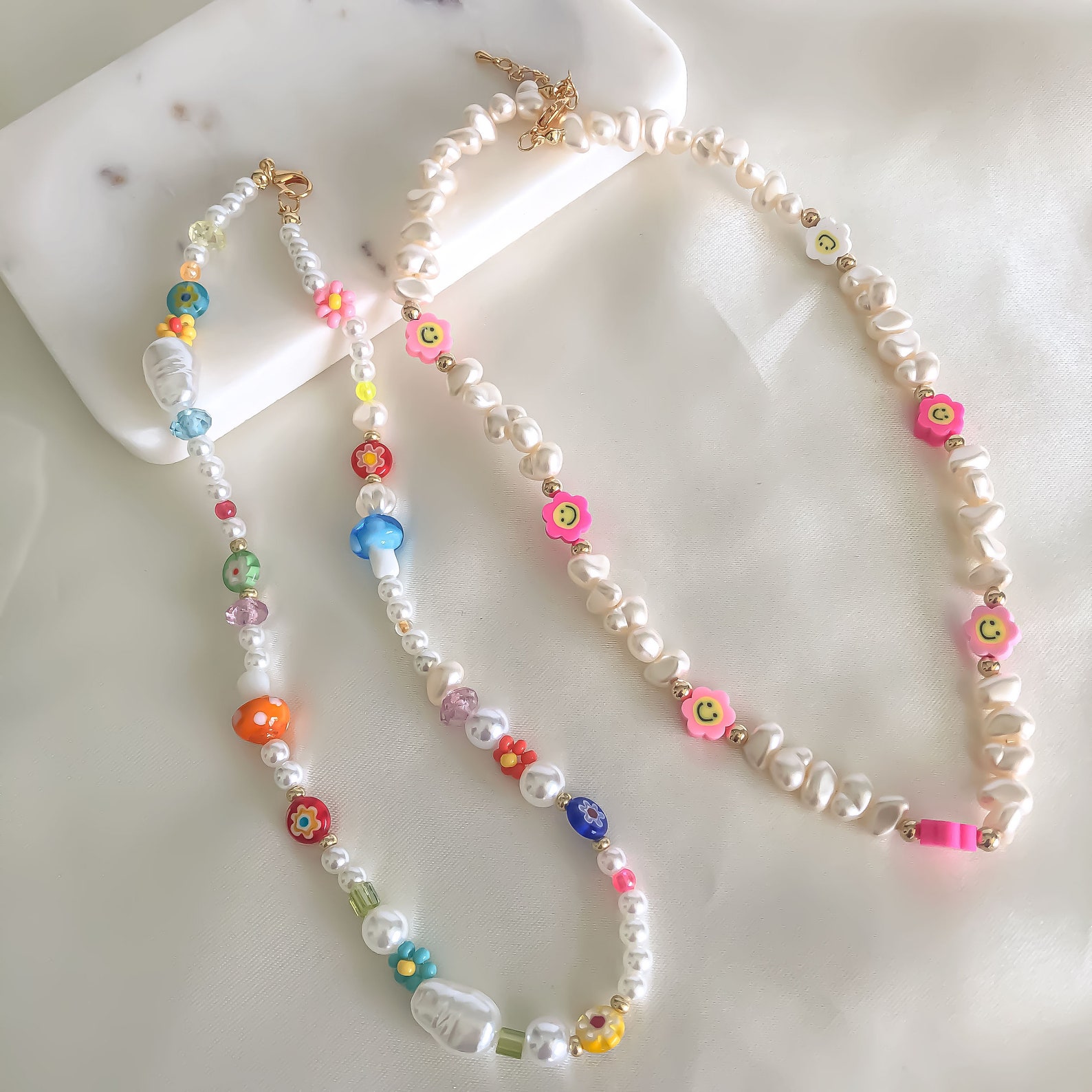 Cute Pearl Necklace Set With Gummy Bear Smiley Face Handmade - Etsy