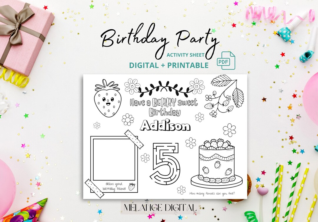 Berry Sweet Birthday Activity Sheet, Customizable, Personalize Name and ...