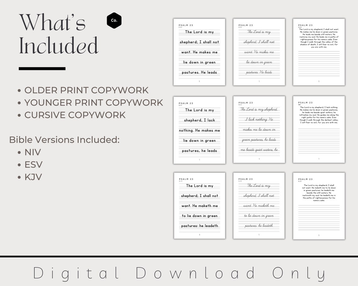 Copywork for Charlotte Mason Homeschool, Psalm 23, Print and Cursive ...