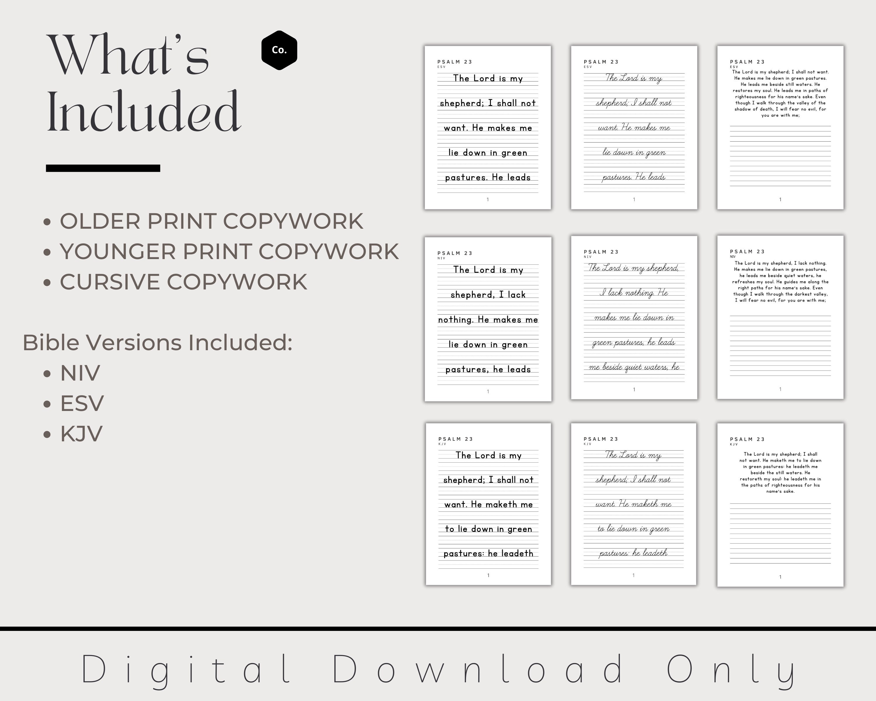 Copywork for Charlotte Mason Homeschool, Psalm 23, Print and Cursive ...