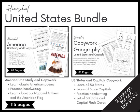 United States of America Unit Study Copywork AND US States and - Etsy