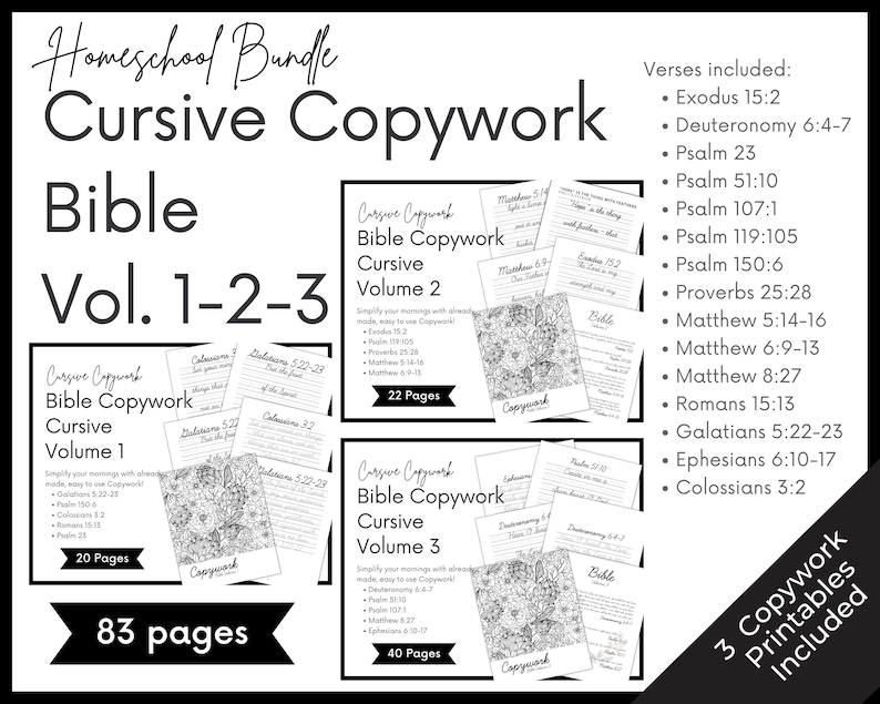 Bible Cursive Copywork Bundle, Homeschool Handwriting Practice Sheets ...