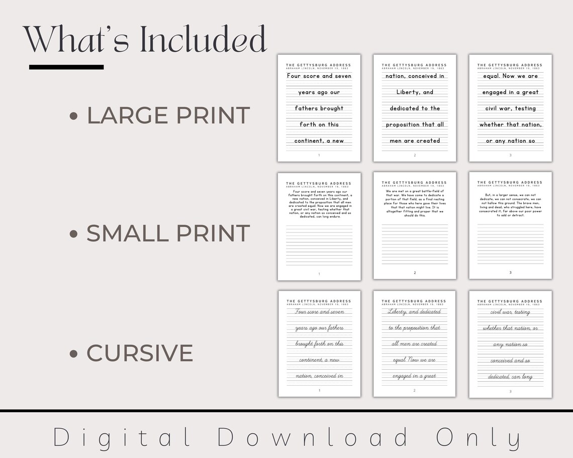 Gettysburg Address Copywork, Cursive and Print, Practice Penmanship ...