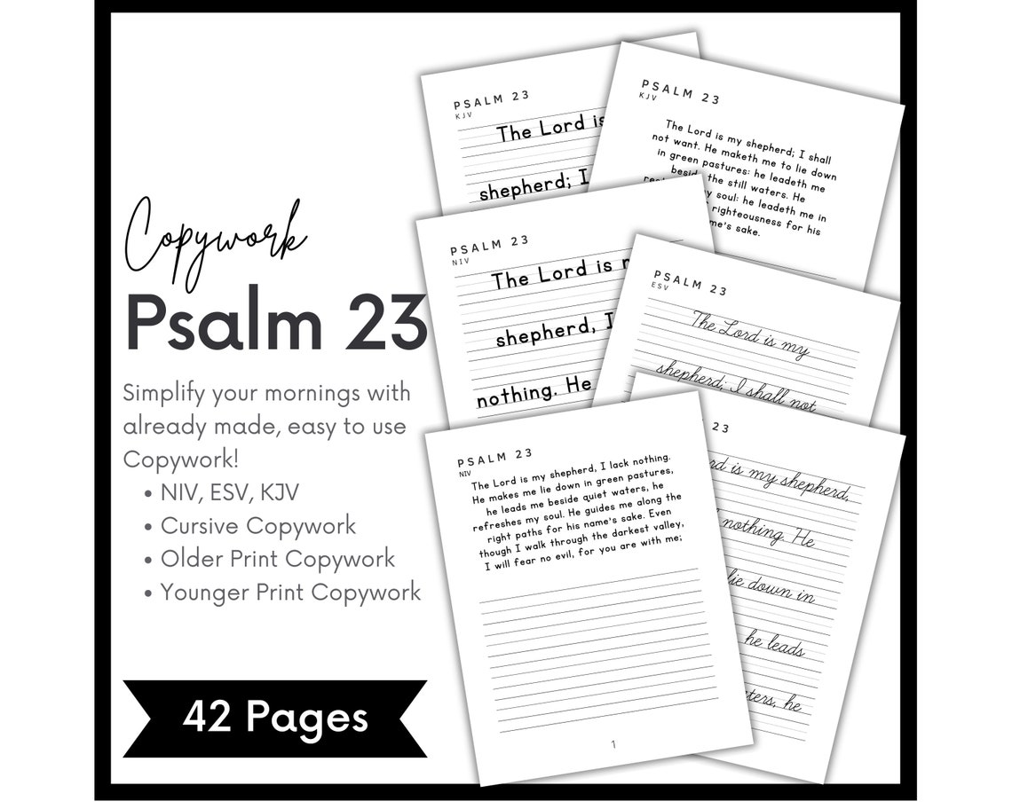 Copywork for Charlotte Mason Homeschool, Psalm 23, Print and Cursive ...