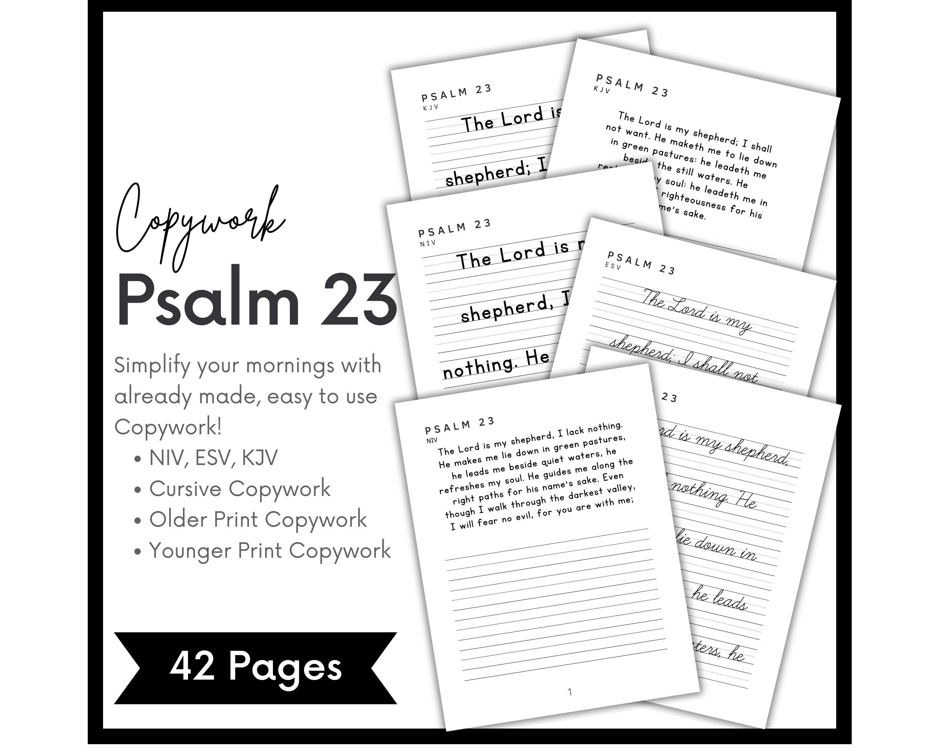 Copywork for Charlotte Mason Homeschool, Psalm 23, Print and Cursive ...