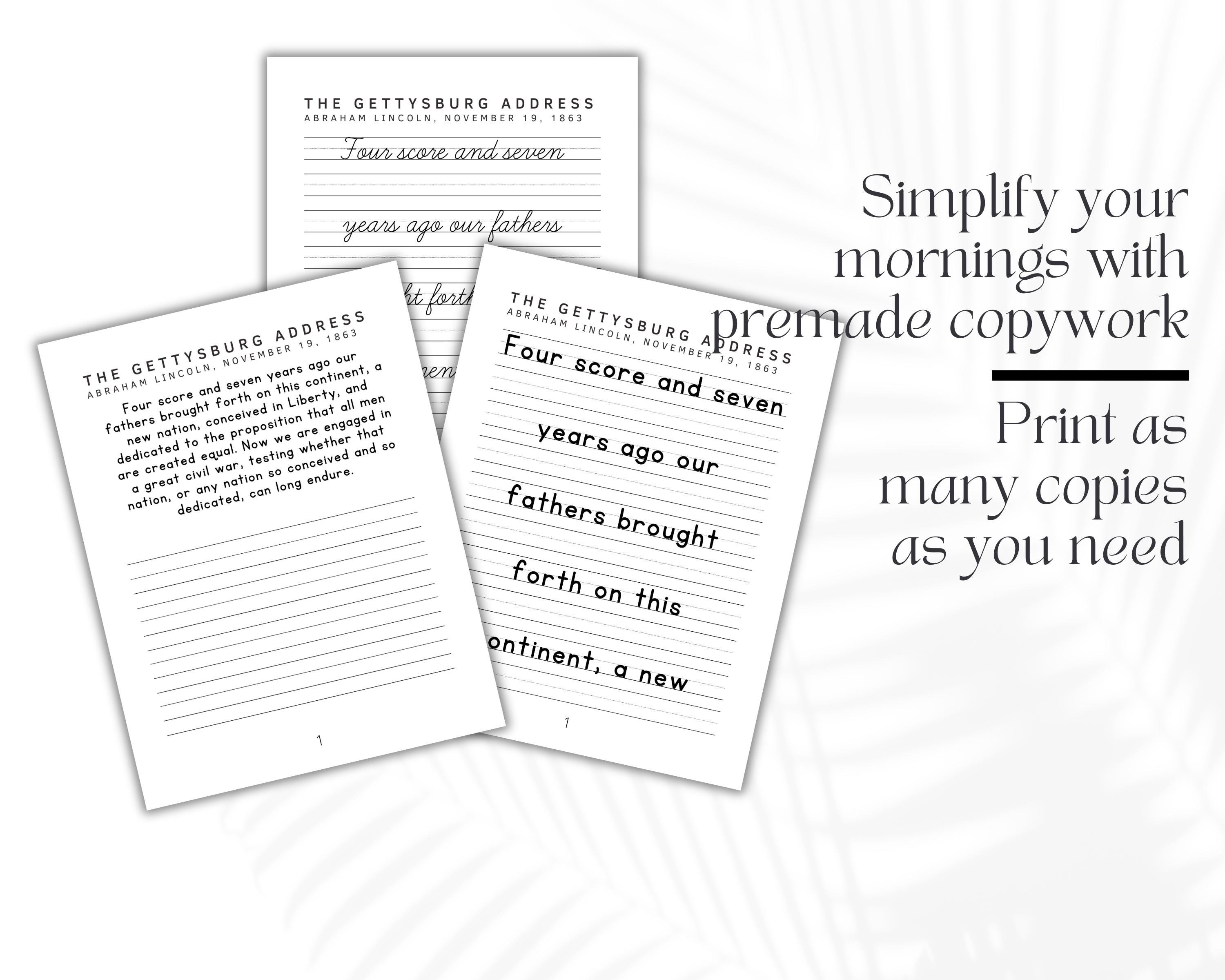 Gettysburg Address Copywork, Cursive and Print, Practice Penmanship ...