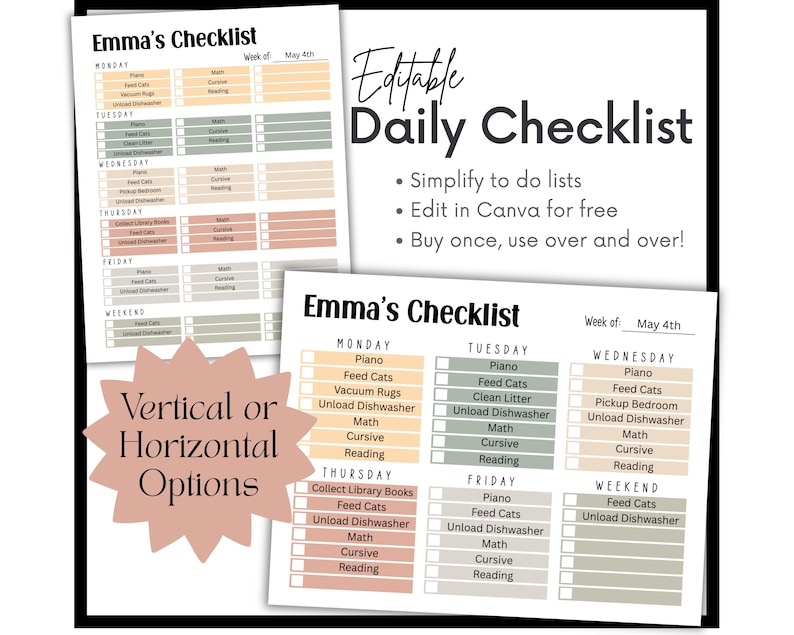 Editable Weekly Checklist for Kids To-do List Task Chart Daily ...