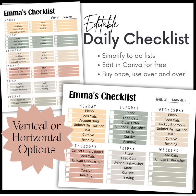 Daily Subject Checklist - Etsy