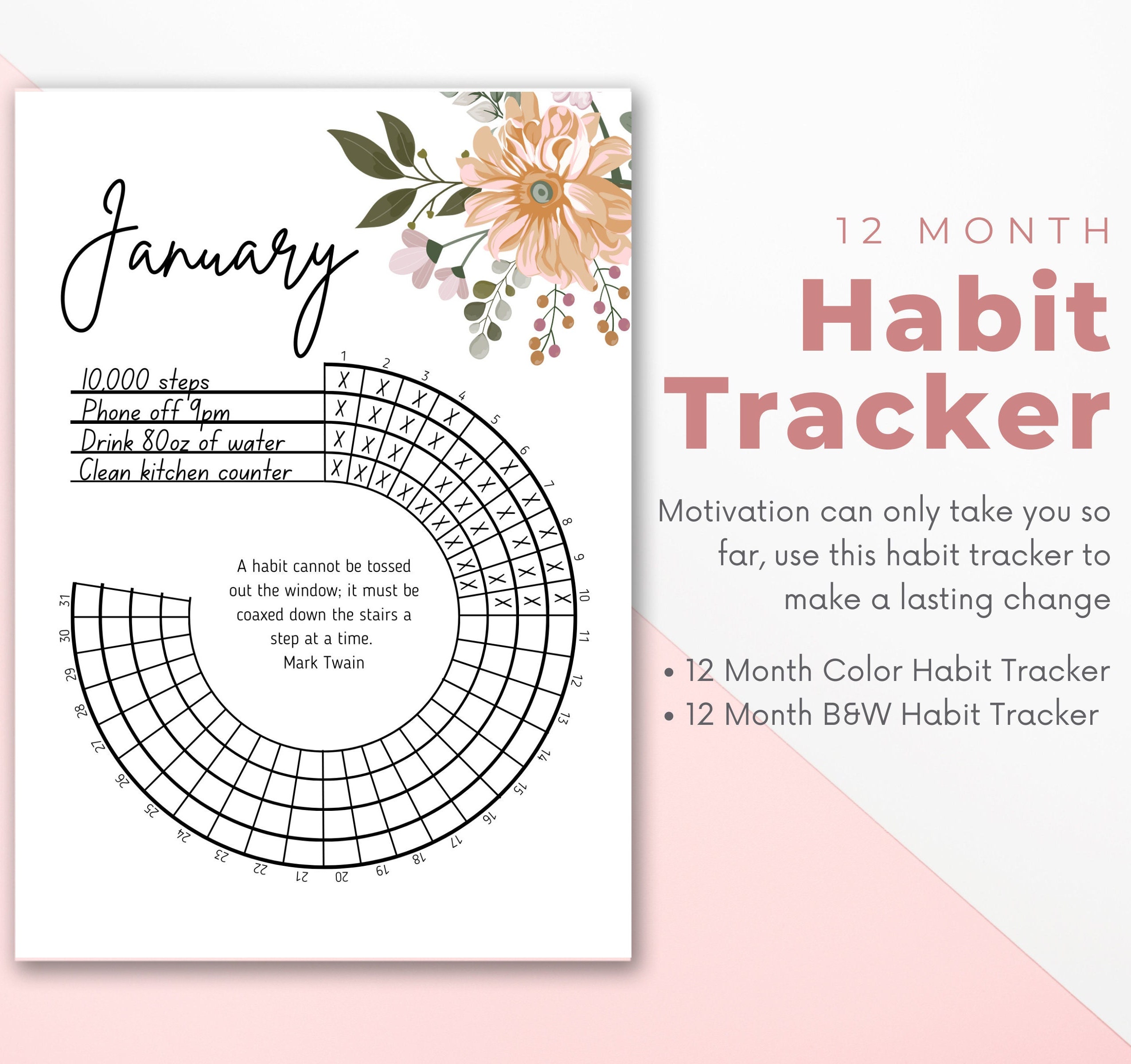 12 Month Printable Circular Habit Tracker, Floral Design Daily Habit ...