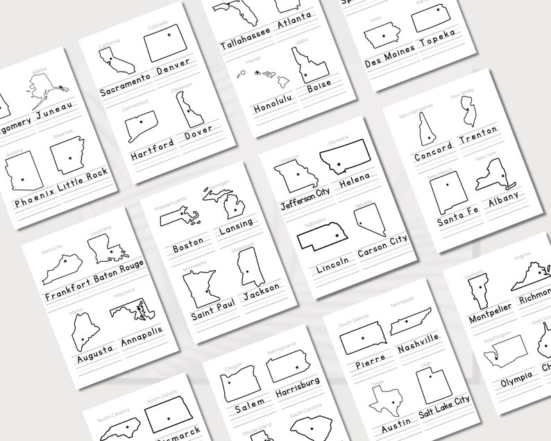 US States and Capitals Print Copywork and Flashcards - Etsy