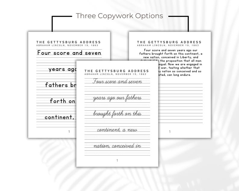 Gettysburg Address Copywork, Cursive and Print, Practice Penmanship ...