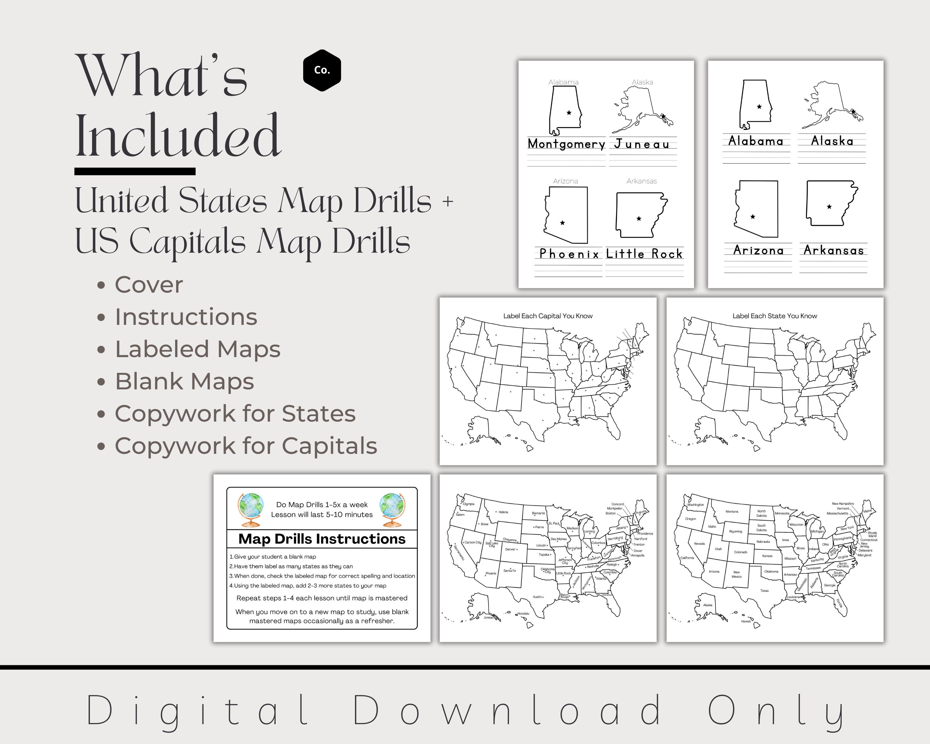United States and Capitals Map Work, Charlotte Mason Map Drills ...
