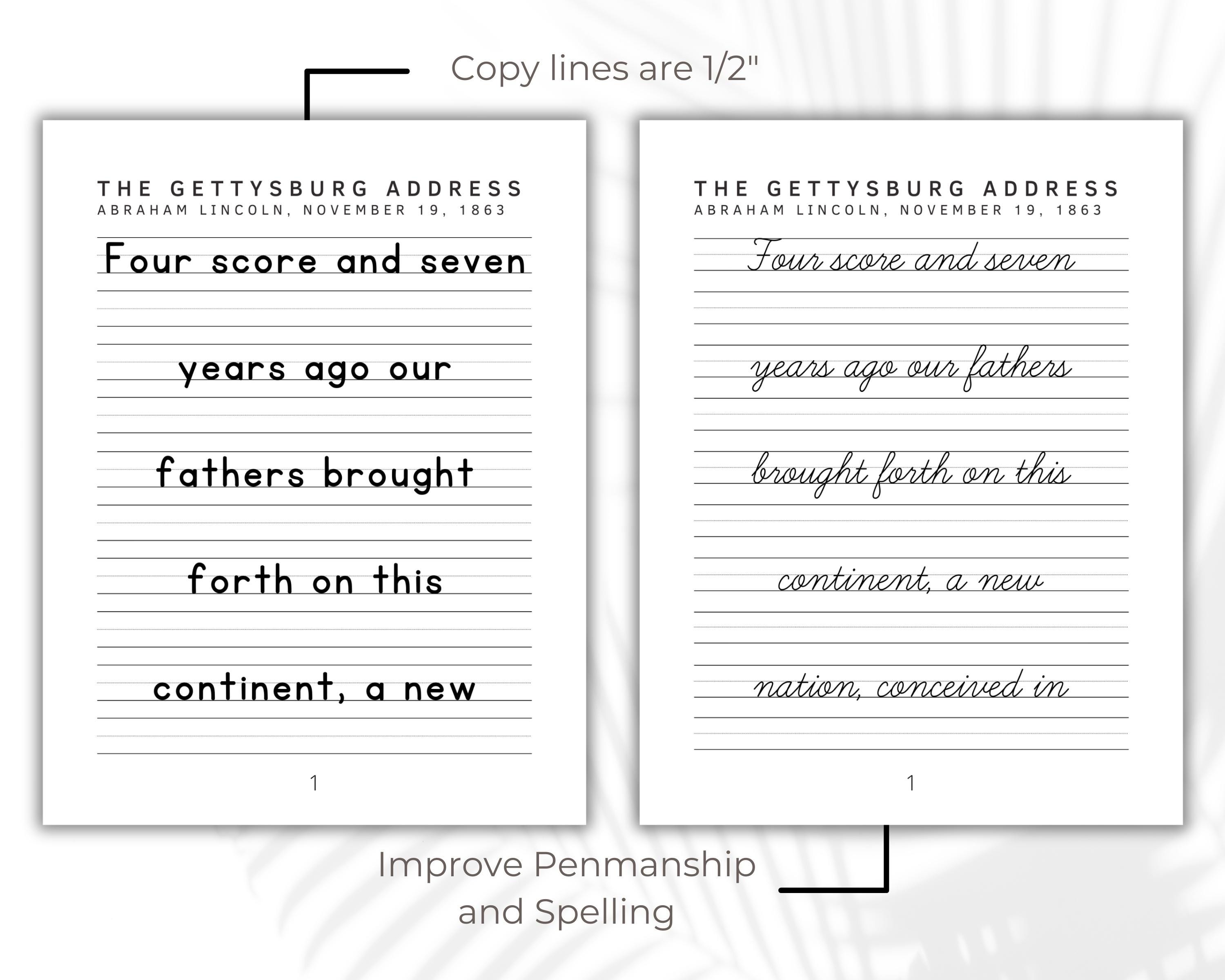 Gettysburg Address Copywork, Cursive and Print, Practice Penmanship ...
