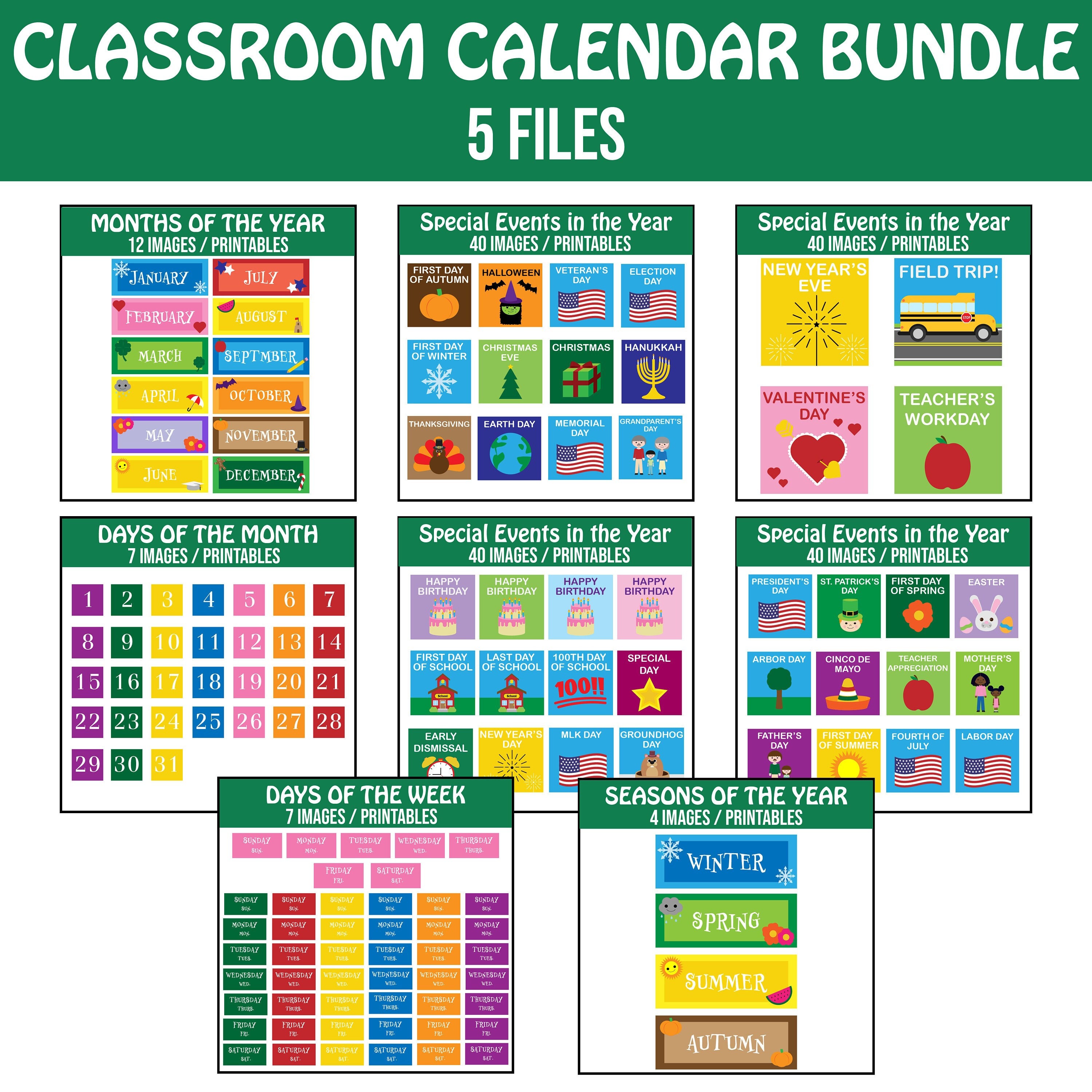 Classroom Calendar Printable Bundle: Months, Days, Holidays (PDF) - Etsy