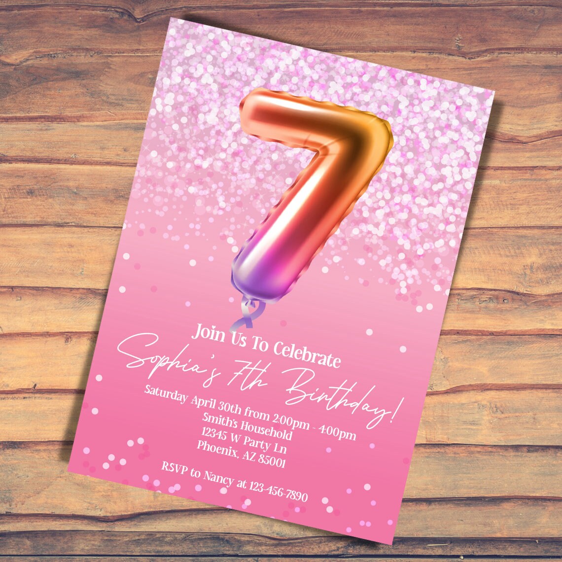 7th Birthday Invitation Editable Pink and Glittery 7th Birthday ...