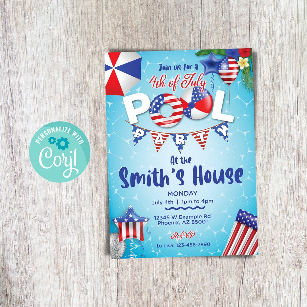 Editable 4th of July Pool Party Invitation Independence Day Invite ...