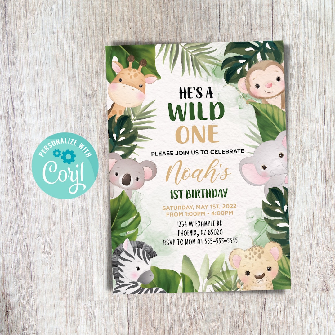 Wild One Birthday Invitation Editable He's a Wild One Boy Safari 1st ...