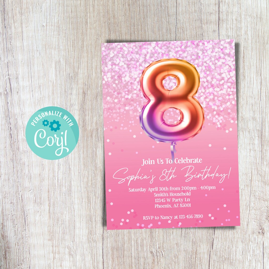 8th Birthday Invitation Editable Pink and Glittery 8th Birthday ...