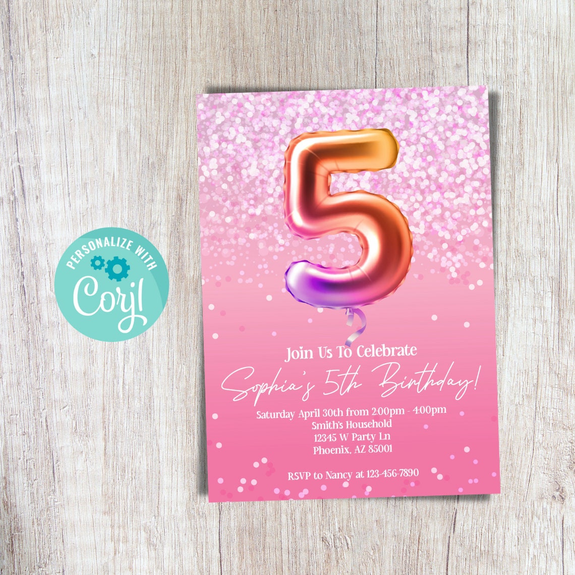 5th Birthday Invitation Editable Pink and Glittery 5th Birthday ...