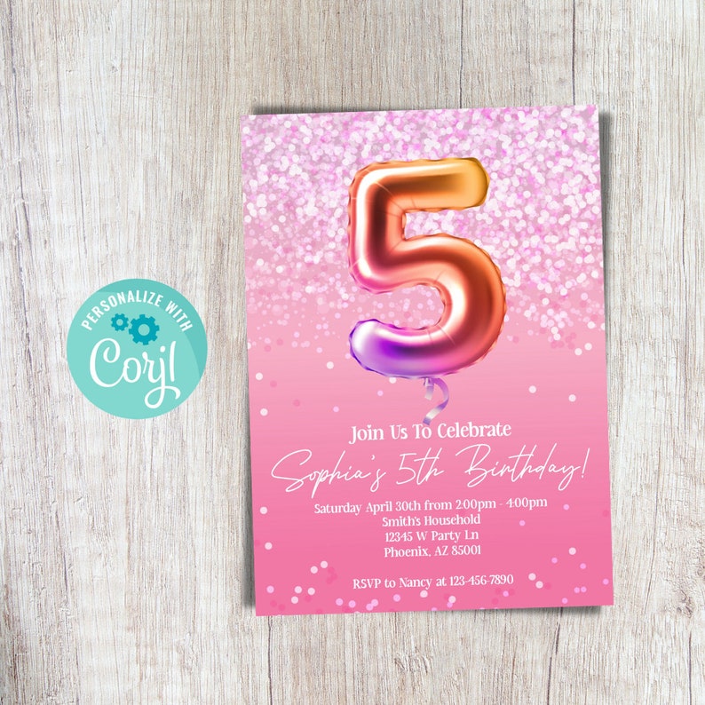 5th Birthday Invitation Editable Pink and Glittery 5th Birthday ...