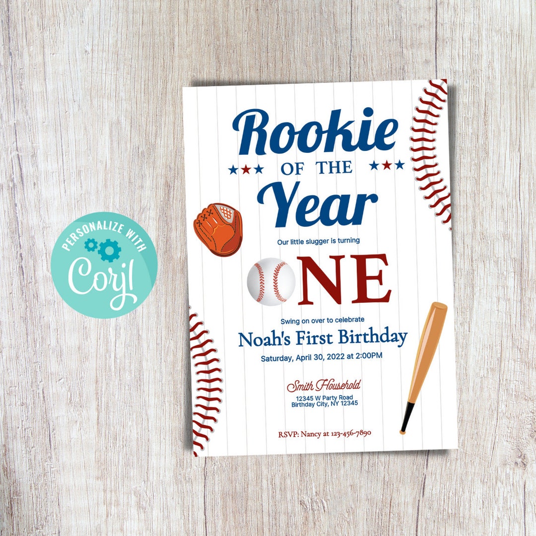 Rookie of the Year First Birthday Invitation Editable Baseball First ...