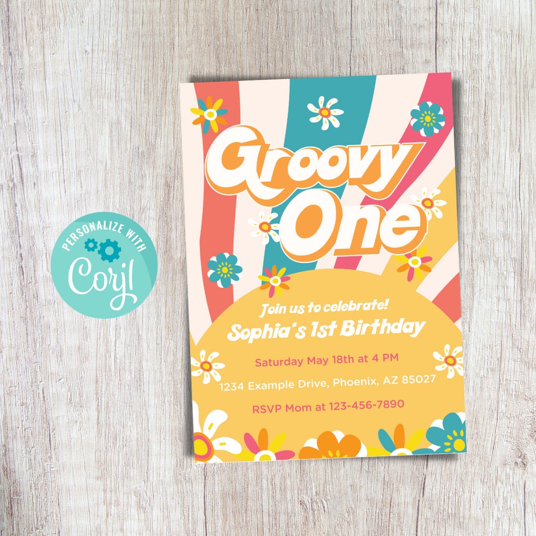 Groovy One Birthday Invitation Editable Groovy 1st Birthday Retro ...