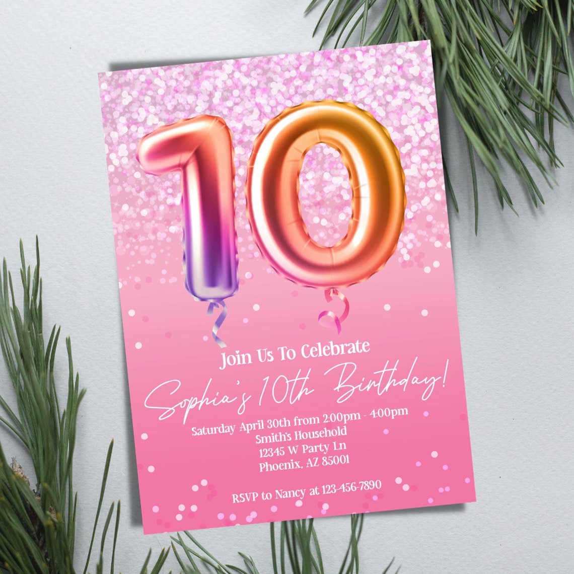 10th Birthday Invitation Editable Pink and Glittery 10th - Etsy