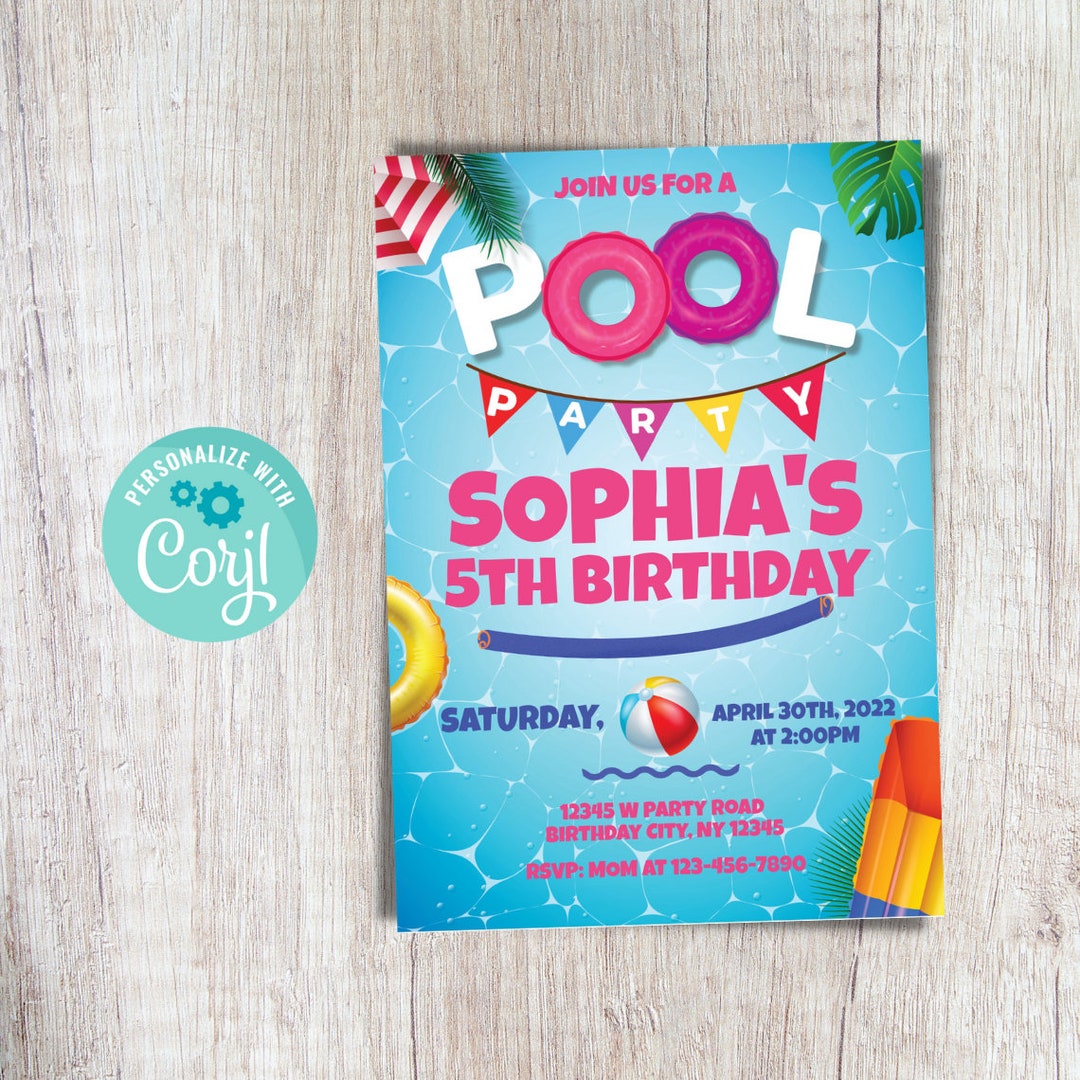 Girl Pool Party Invitation Editable Pool Party Birthday Invitation Swim ...