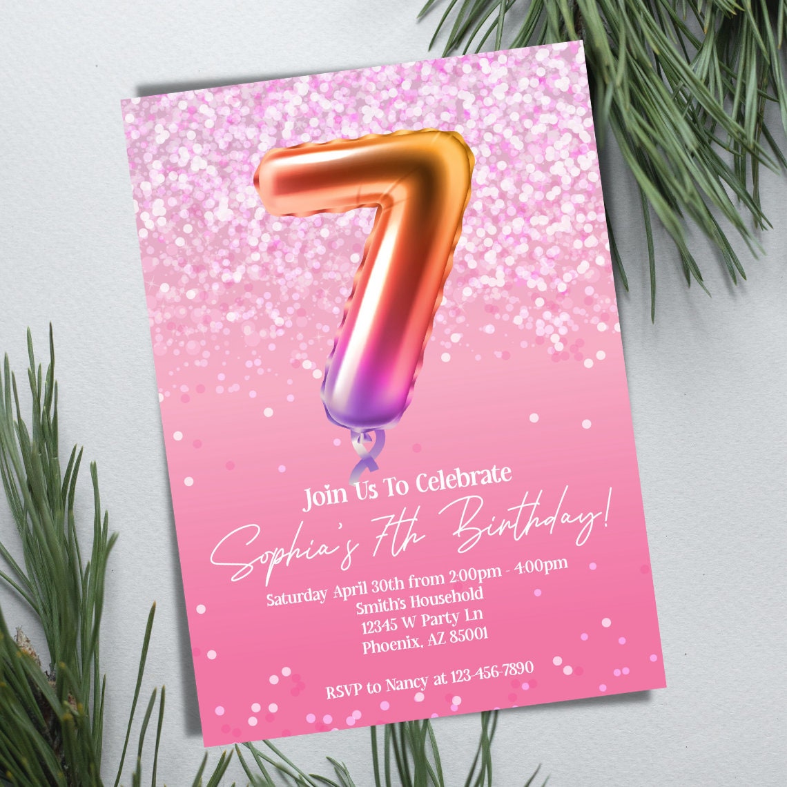 7th Birthday Invitation Editable Pink and Glittery 7th Birthday ...