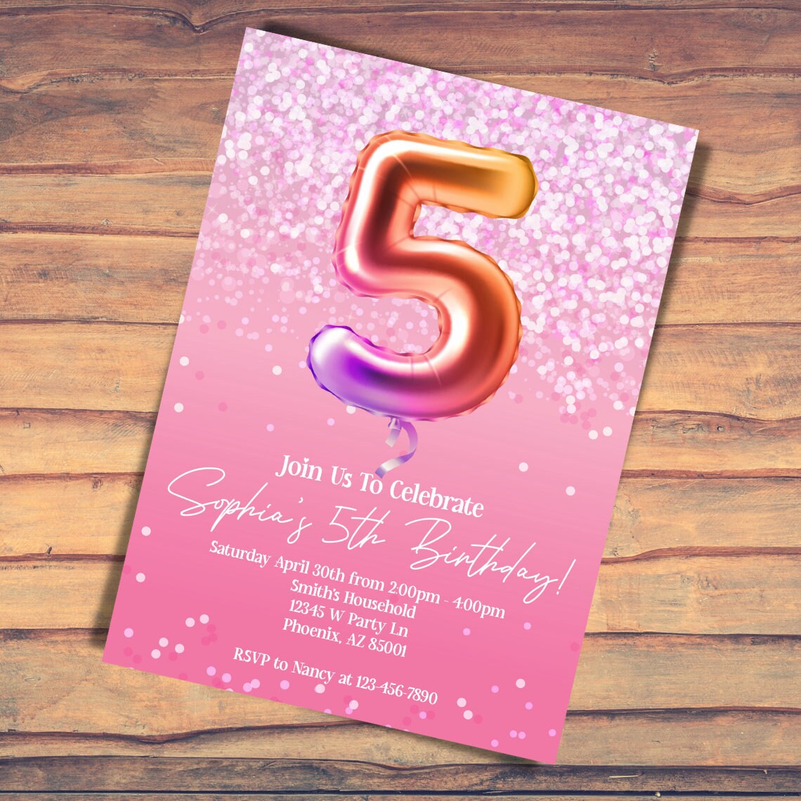 5th Birthday Invitation Editable Pink and Glittery 5th Birthday ...
