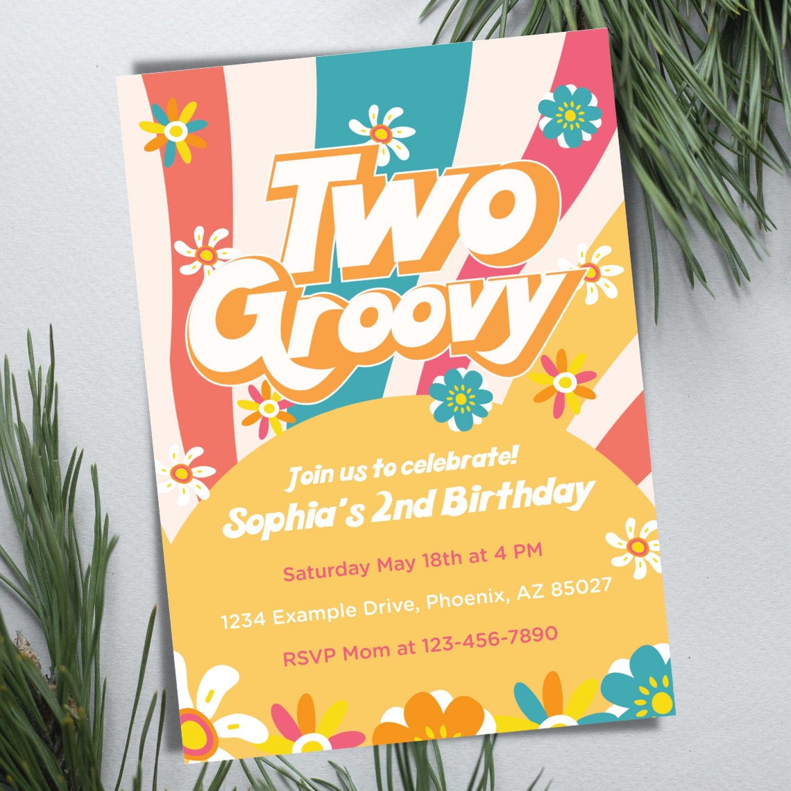 Two Groovy Invitation Editable 2nd Birthday Groovy Retro Two Groovy ...