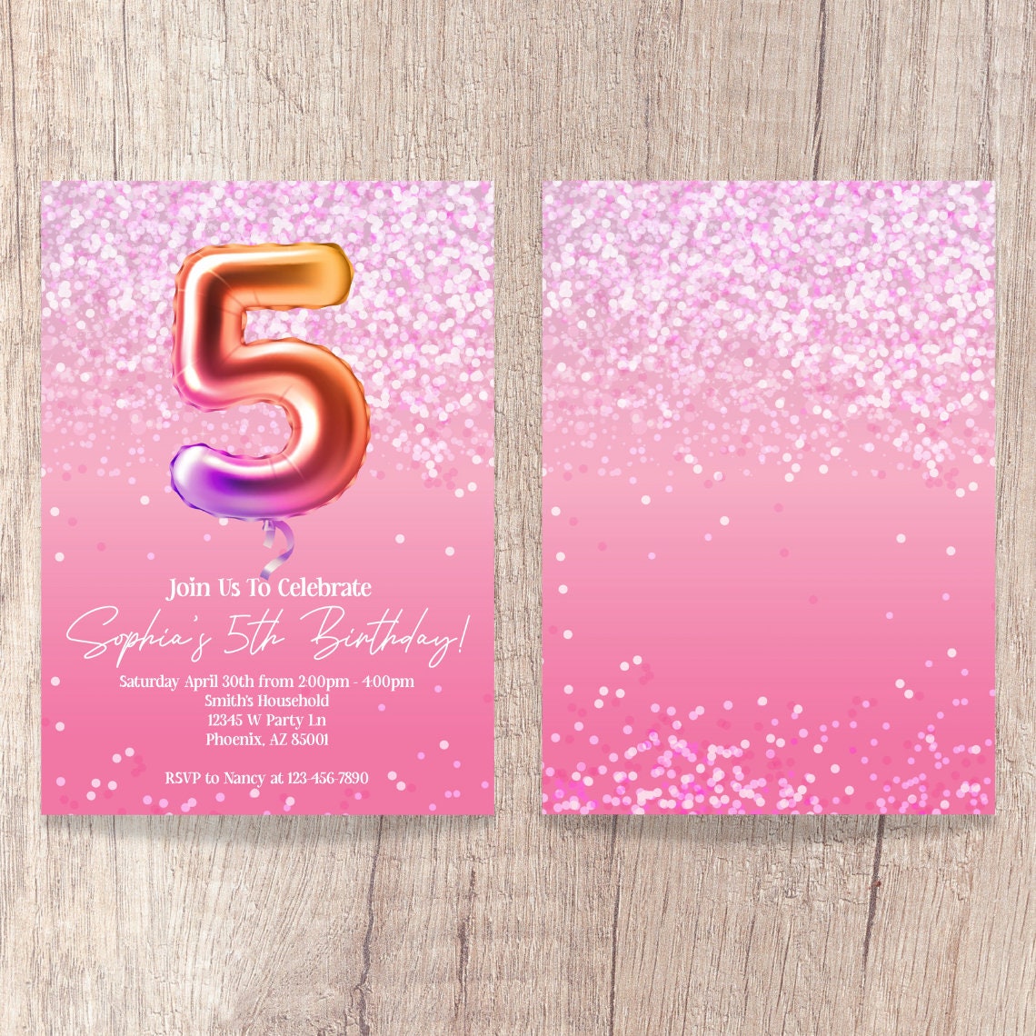 5th Birthday Invitation Editable Pink and Glittery 5th Birthday ...