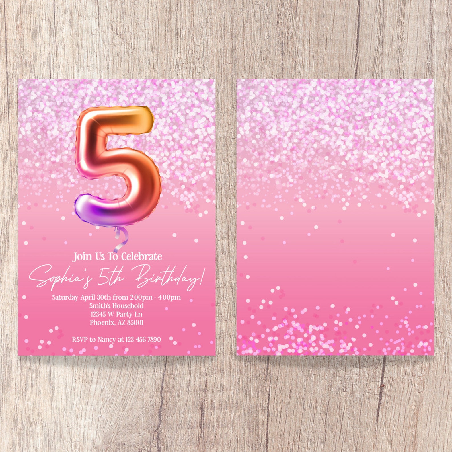5th Birthday Invitation Editable Pink and Glittery 5th Birthday ...