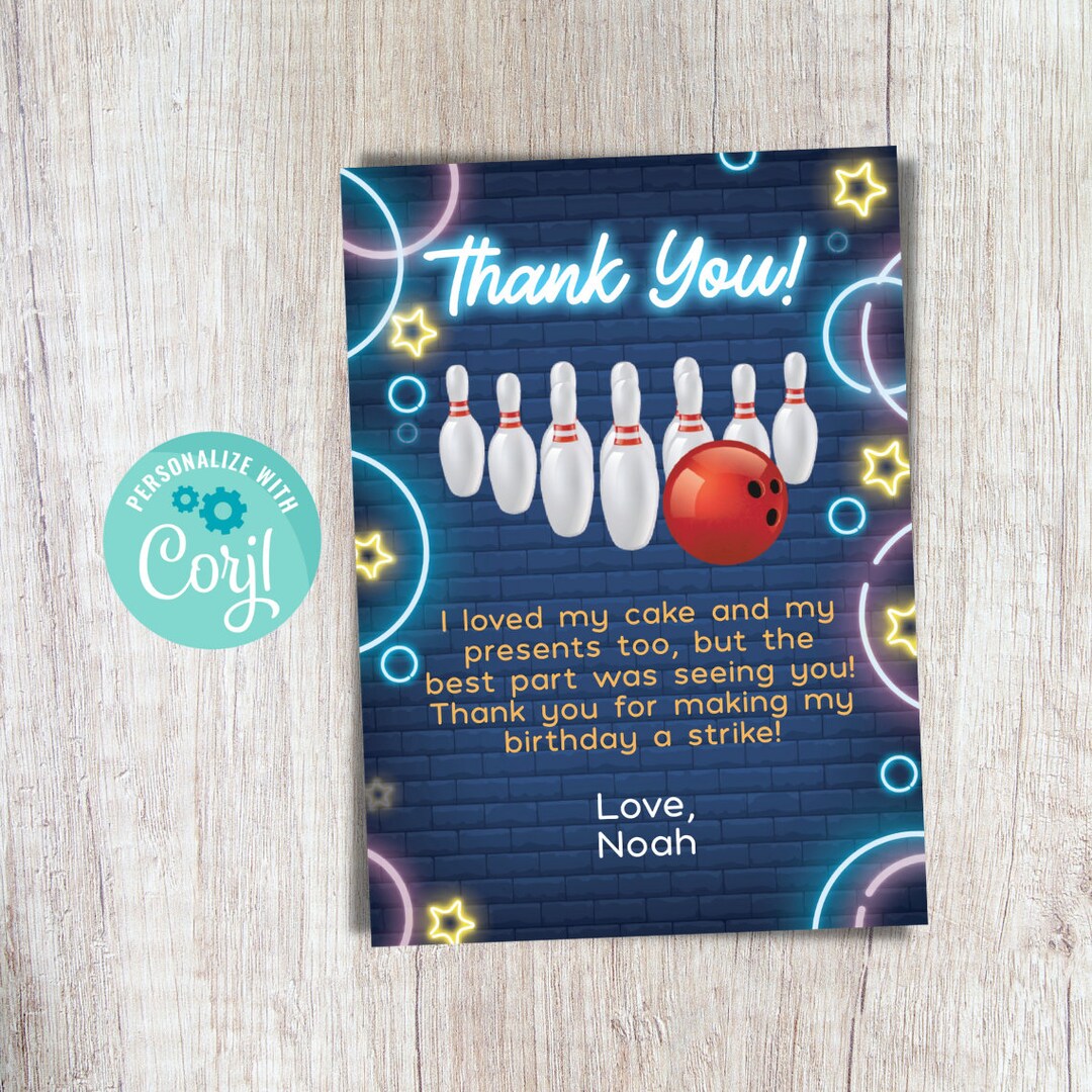 Editable Bowling Birthday Party Thank You Card Strike Bowling Birthday ...
