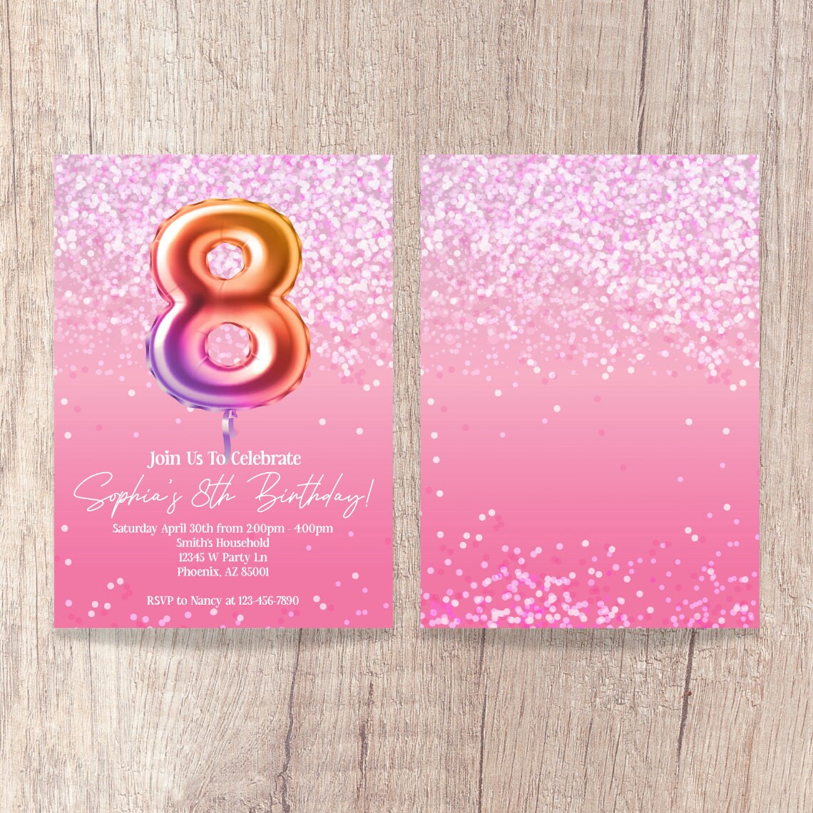 8th Birthday Invitation Editable Pink and Glittery 8th - Etsy