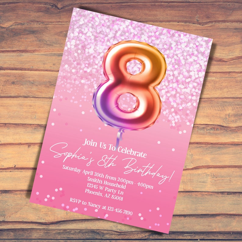 8th Birthday Invitation Editable Pink and Glittery 8th - Etsy