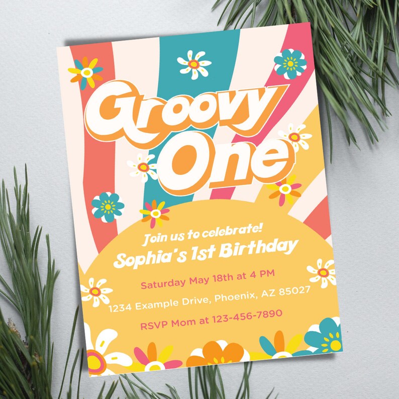 Groovy One Birthday Invitation Editable Groovy 1st Birthday Retro ... Groovy One Birthday Invitation Editable Groovy 1st Birthday Retro ...