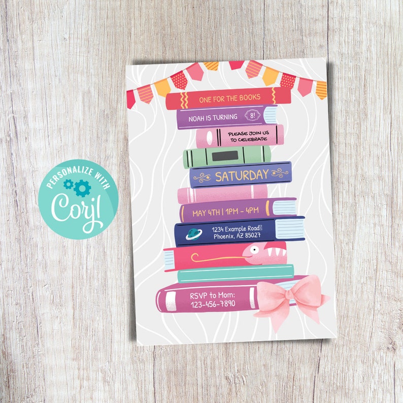 Editable Books Library Birthday Invitation Reading Party Invite Girl ...