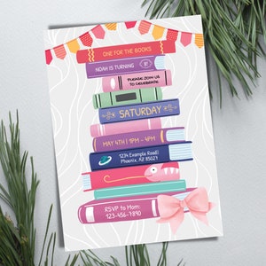 Editable Books Library Birthday Invitation Reading Party Invite Girl ...