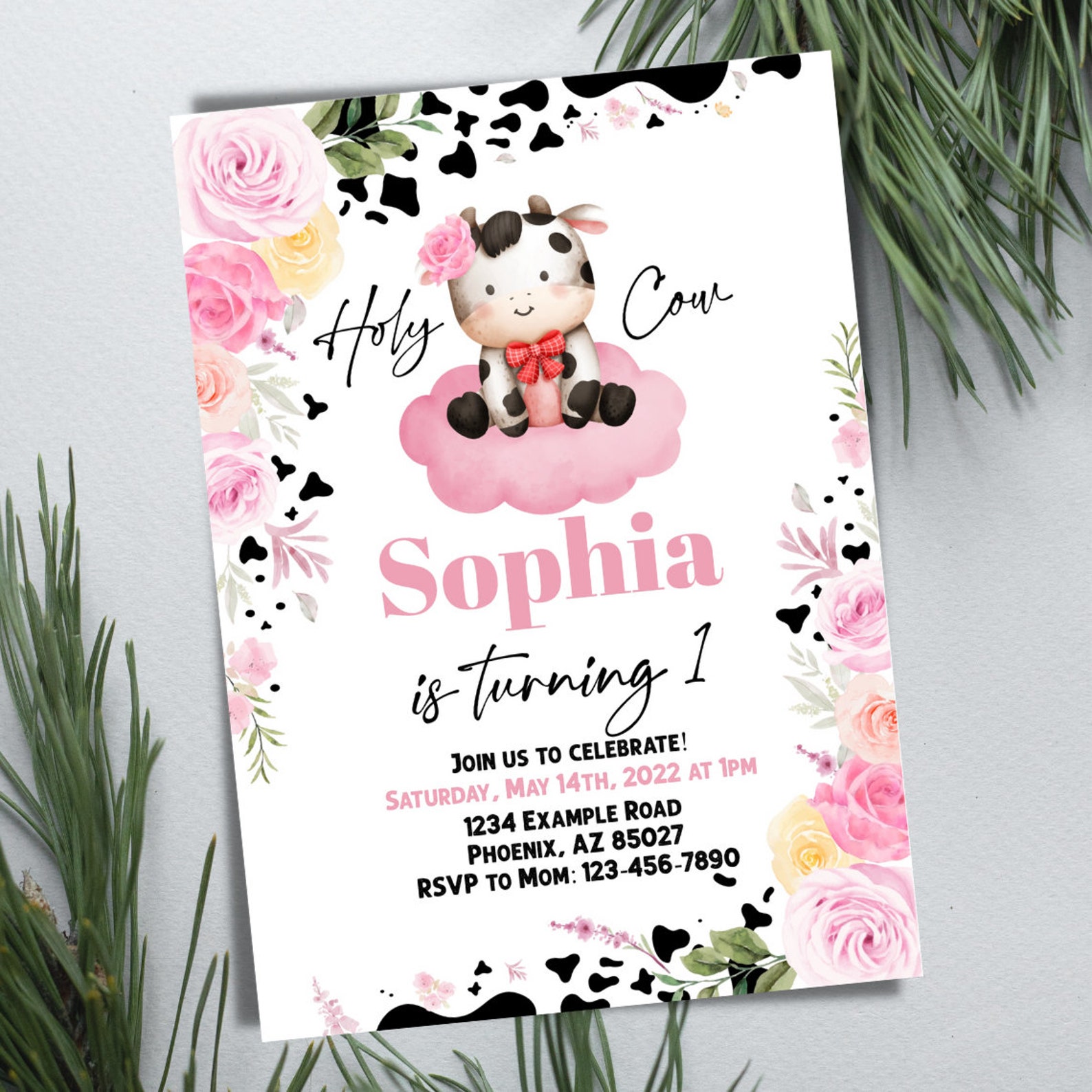 Editable Holy Cow I'm One Girls Birthday Invitation Cow First Birthday ...