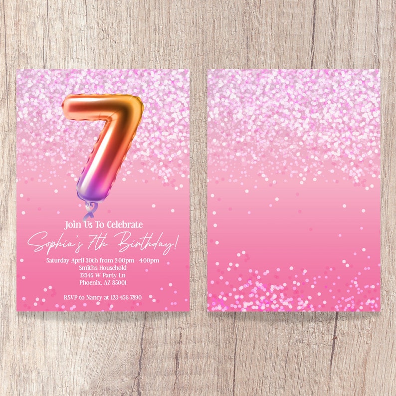 7th Birthday Invitation Editable Pink and Glittery 7th Birthday ...