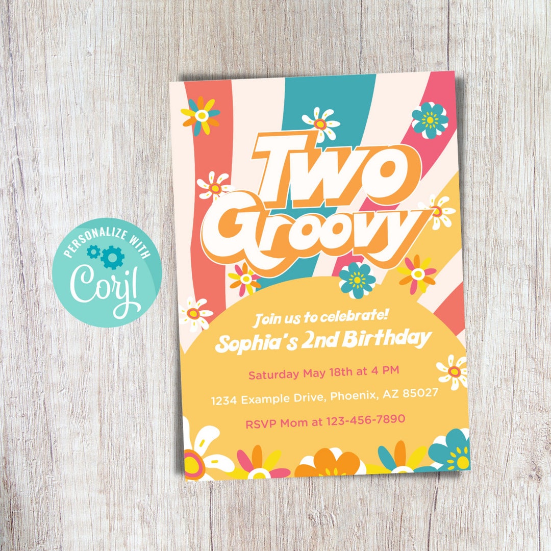 Two Groovy Invitation Editable 2nd Birthday Groovy Retro Two Groovy ...