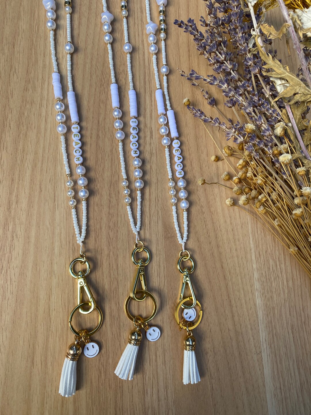 Star TEACH Lanyard, Teacher Lanyard, Beaded Lanyard, Neutral Beaded ...