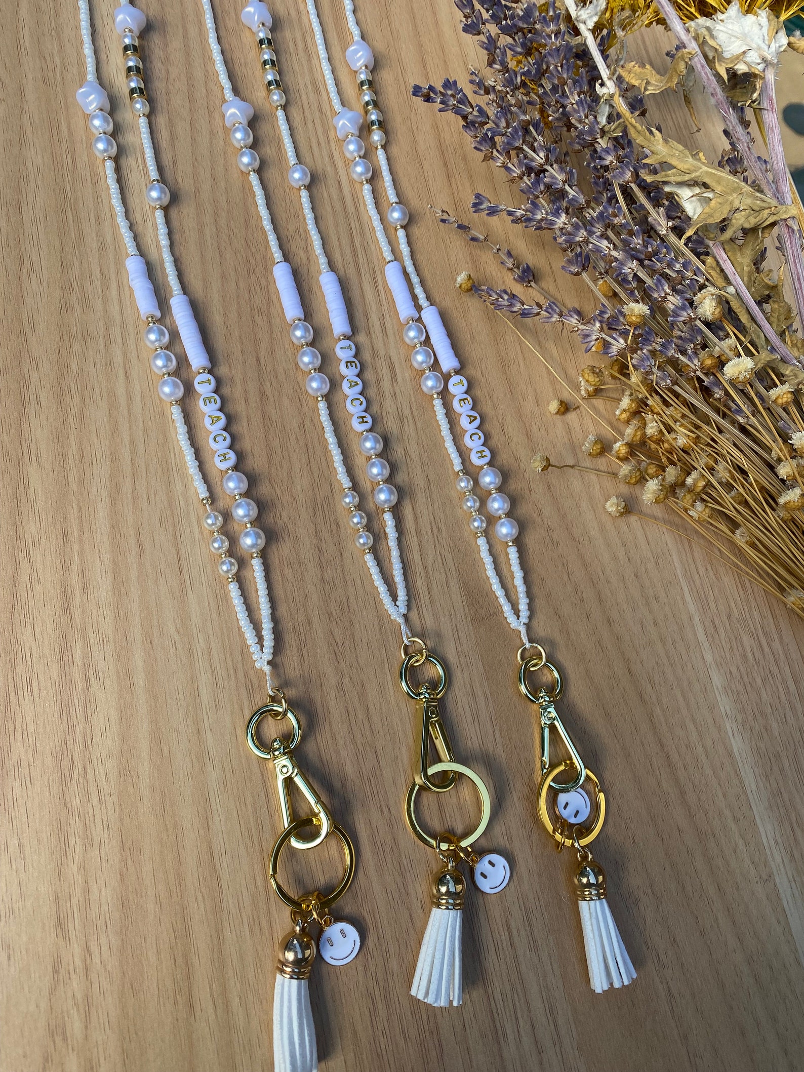 Star TEACH Lanyard, Teacher Lanyard, Beaded Lanyard, Neutral Beaded ...