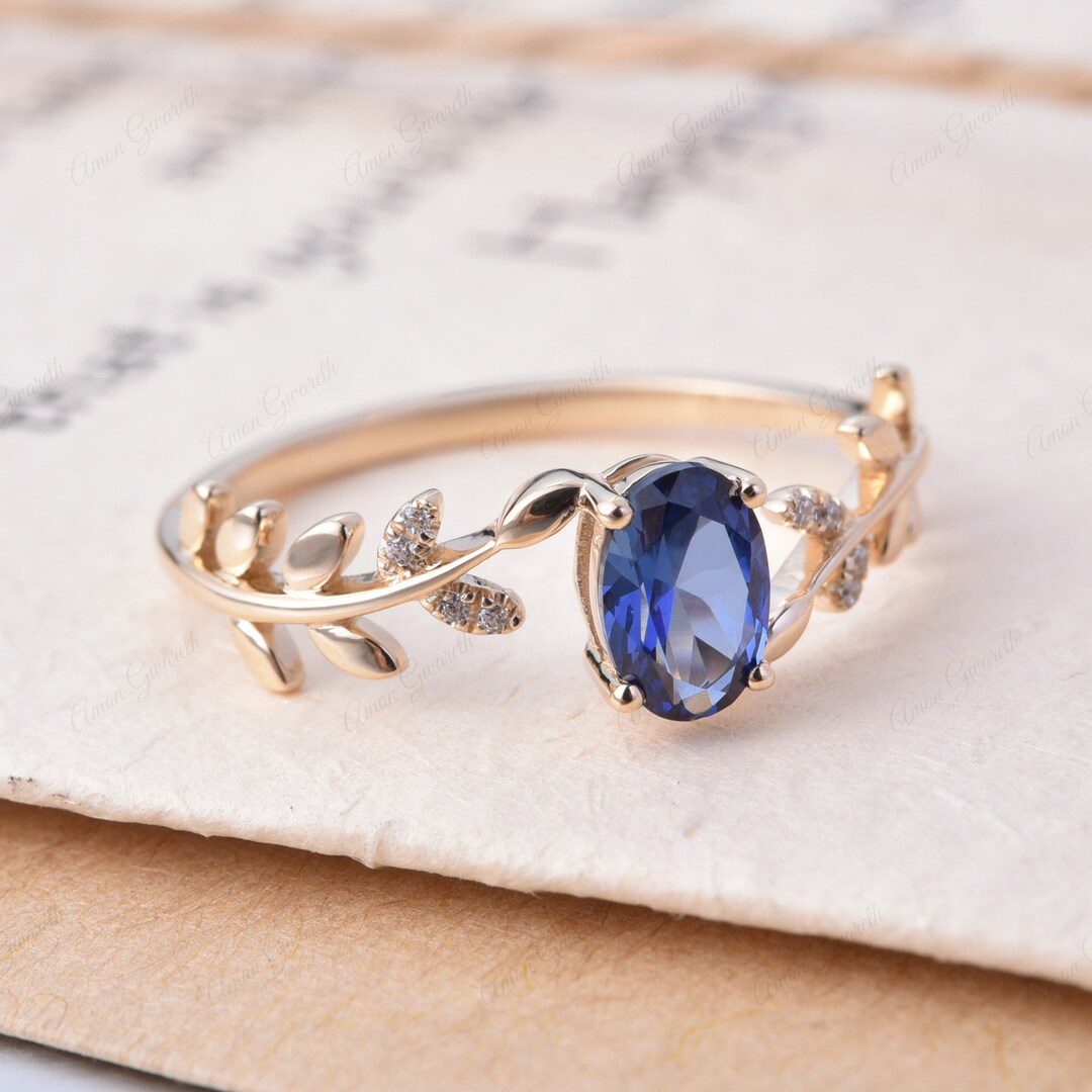 Vintage Oval Sapphire Ring Engagement Ring Unique Leaf Ring 18k White ...