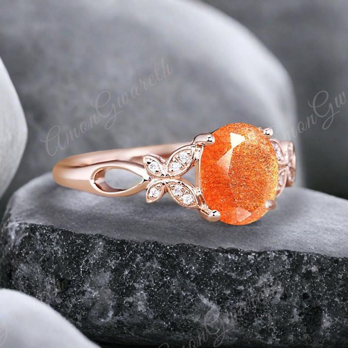 Vintage Oval Sunstone Engagement Ring Art Deco Rose Gold Wedding Bridal ...