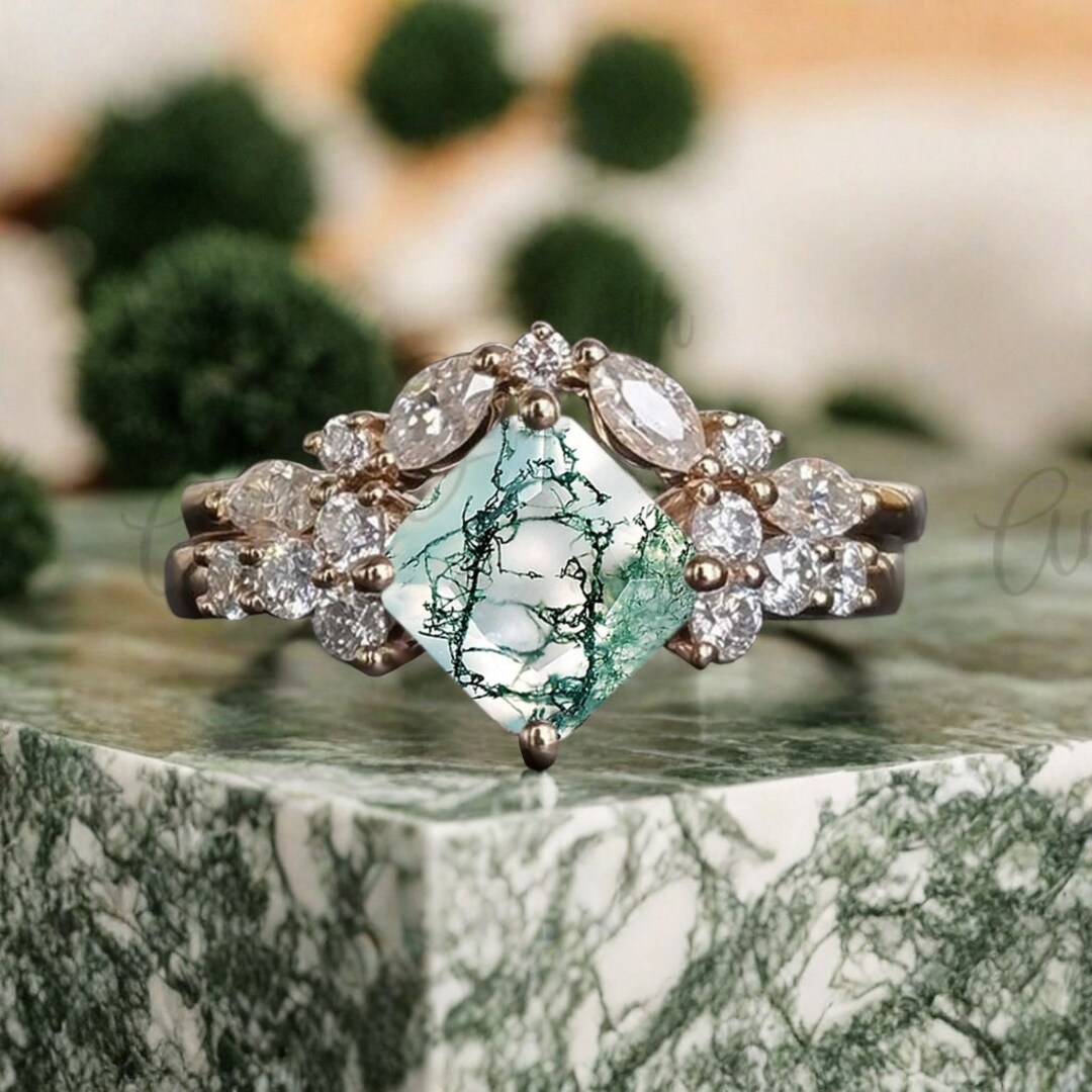 Princess Cut Moss Agate Wedding Ring Set Vintage Unique Bridal Ring Set ...